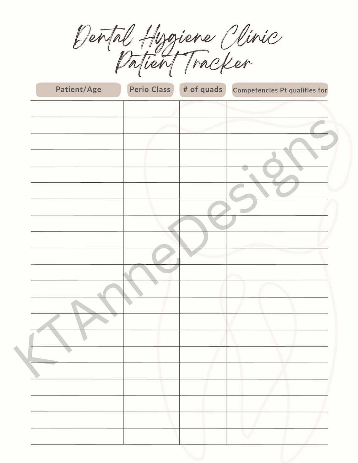 Dental Hygiene Clinic Tracker DIGITAL DOWNLOAD, School Competency ...