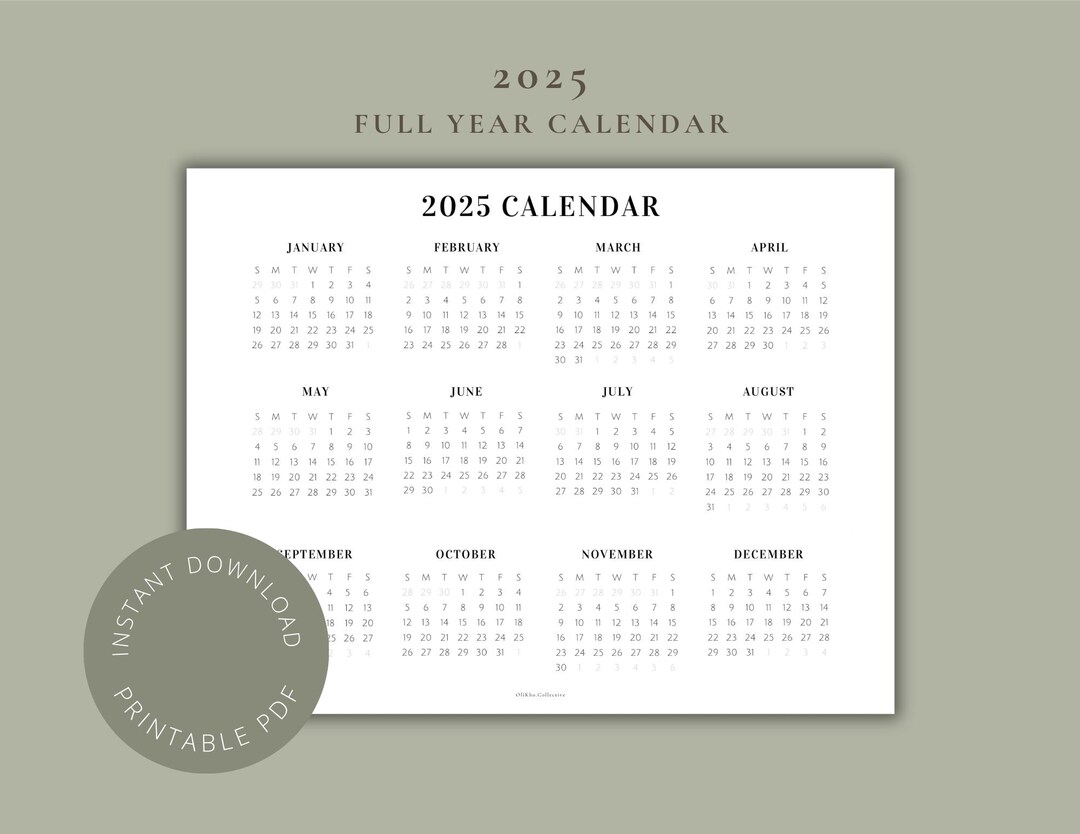 2025 Full Yearly Calendar | Printable Calendar Page | 11x8.5 Inches ...