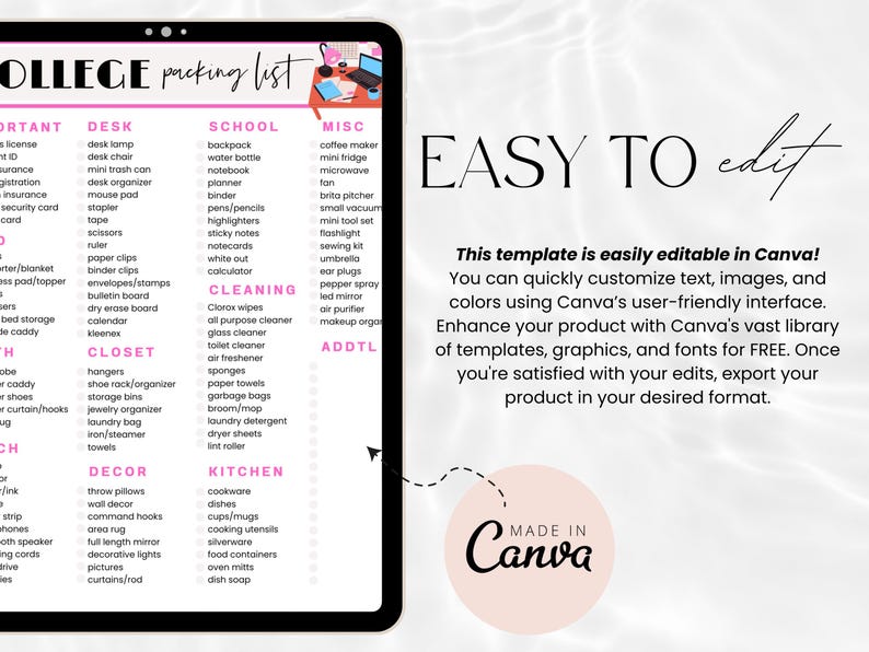 Dorm Packing List Template: Editable College Checklist (PDF Printable ...