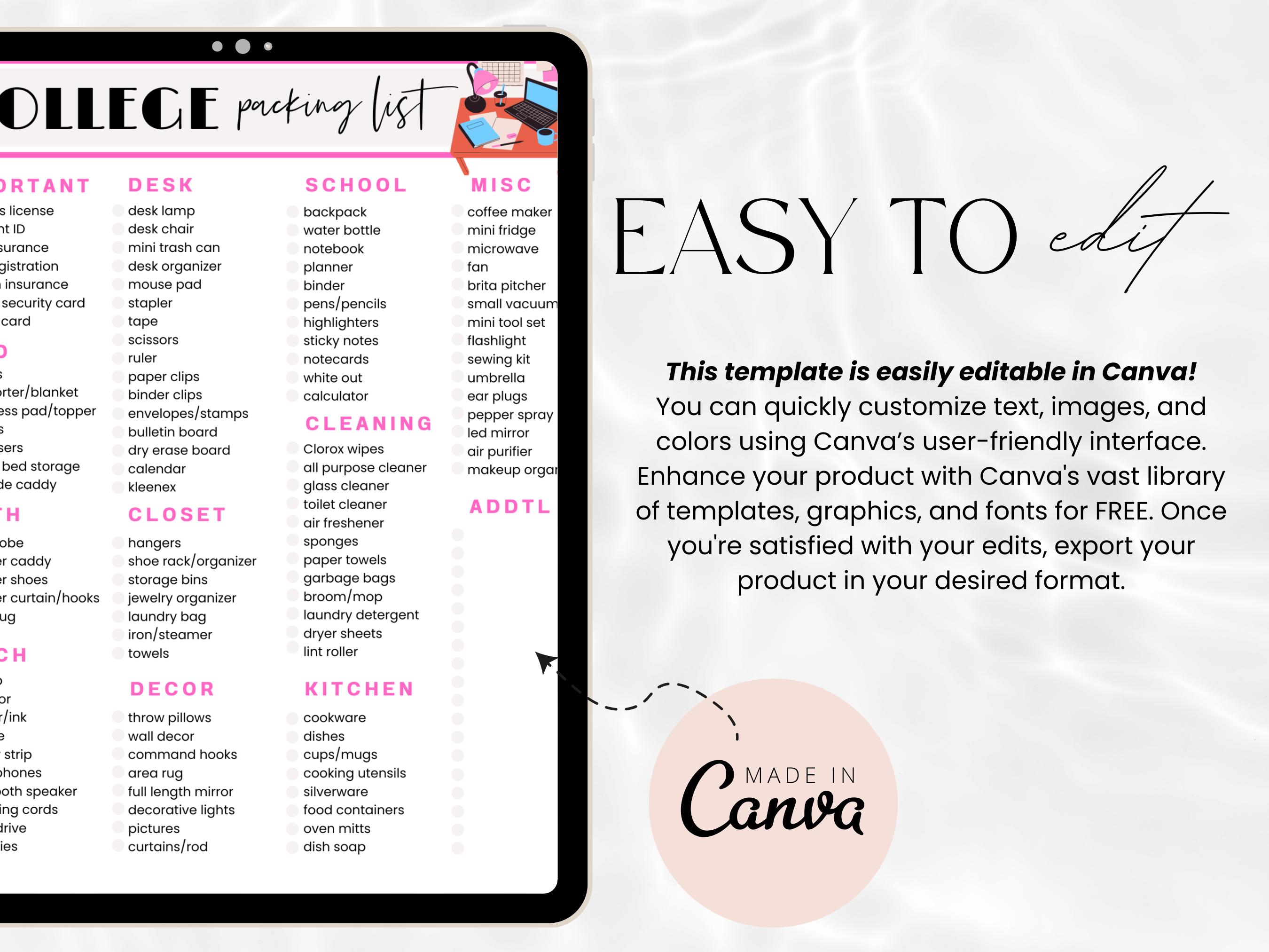 Dorm Packing List Template: Editable College Checklist (PDF Printable ...