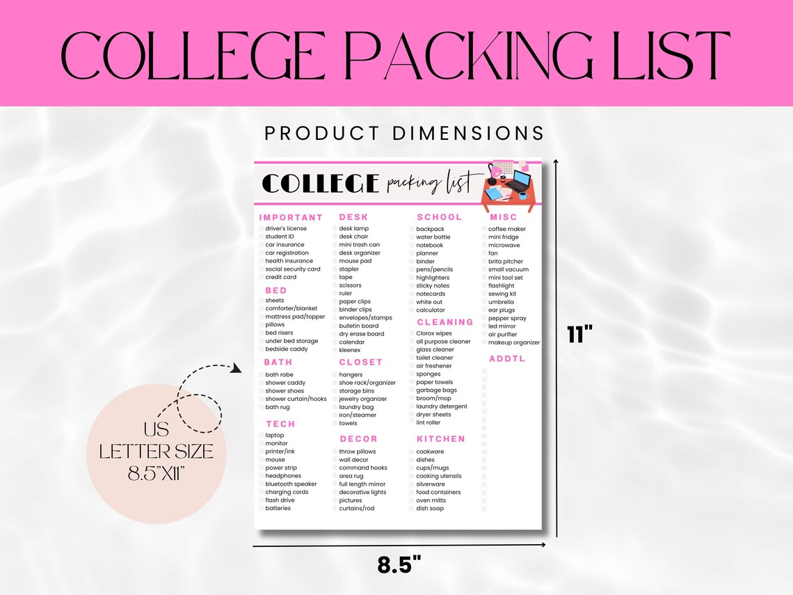 Dorm Packing List Template: Editable College Checklist (PDF Printable ...
