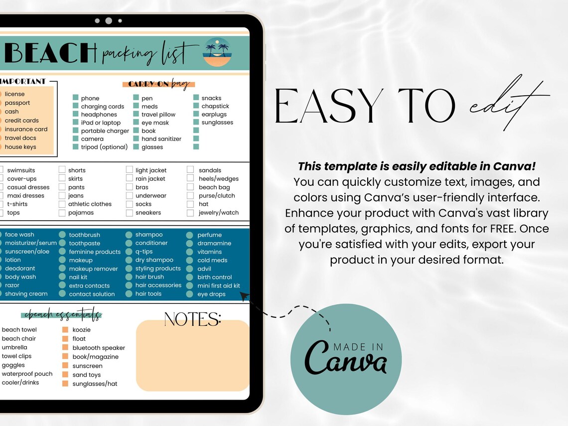 Beach Packing List Template: Editable Travel Checklist (PDF Printable ...