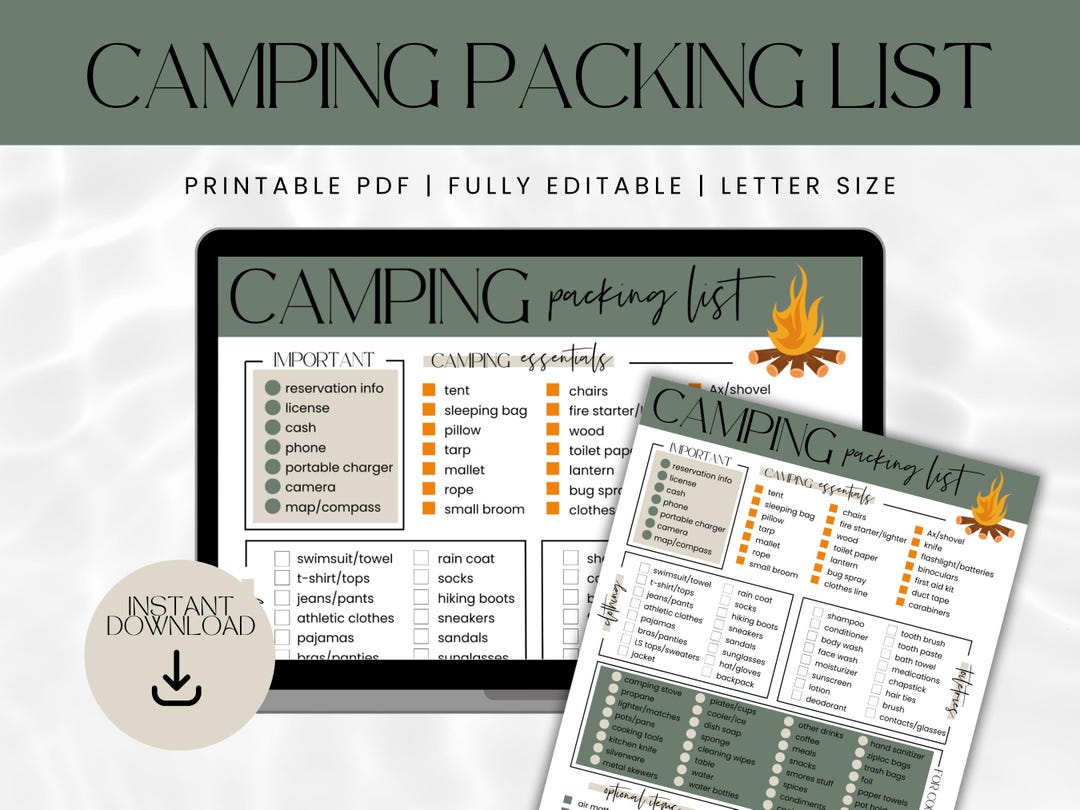 Camping Packing List Template: Editable Travel Checklist (PDF Printable ...