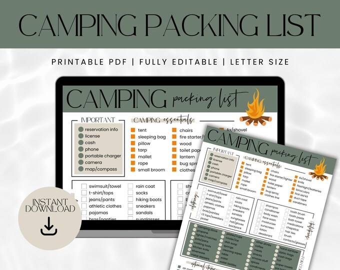 Editable Camping Packing List, Camping Trip Packing Checklist PDF ...
