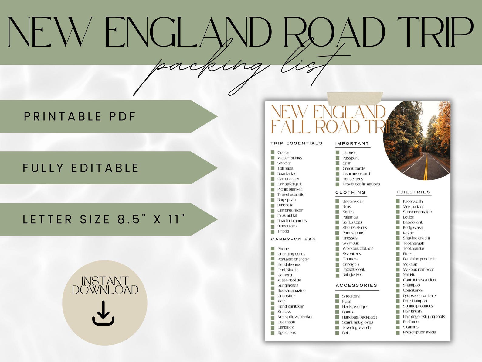New England Fall Road Trip Packing List Editable Packing Checklist ...