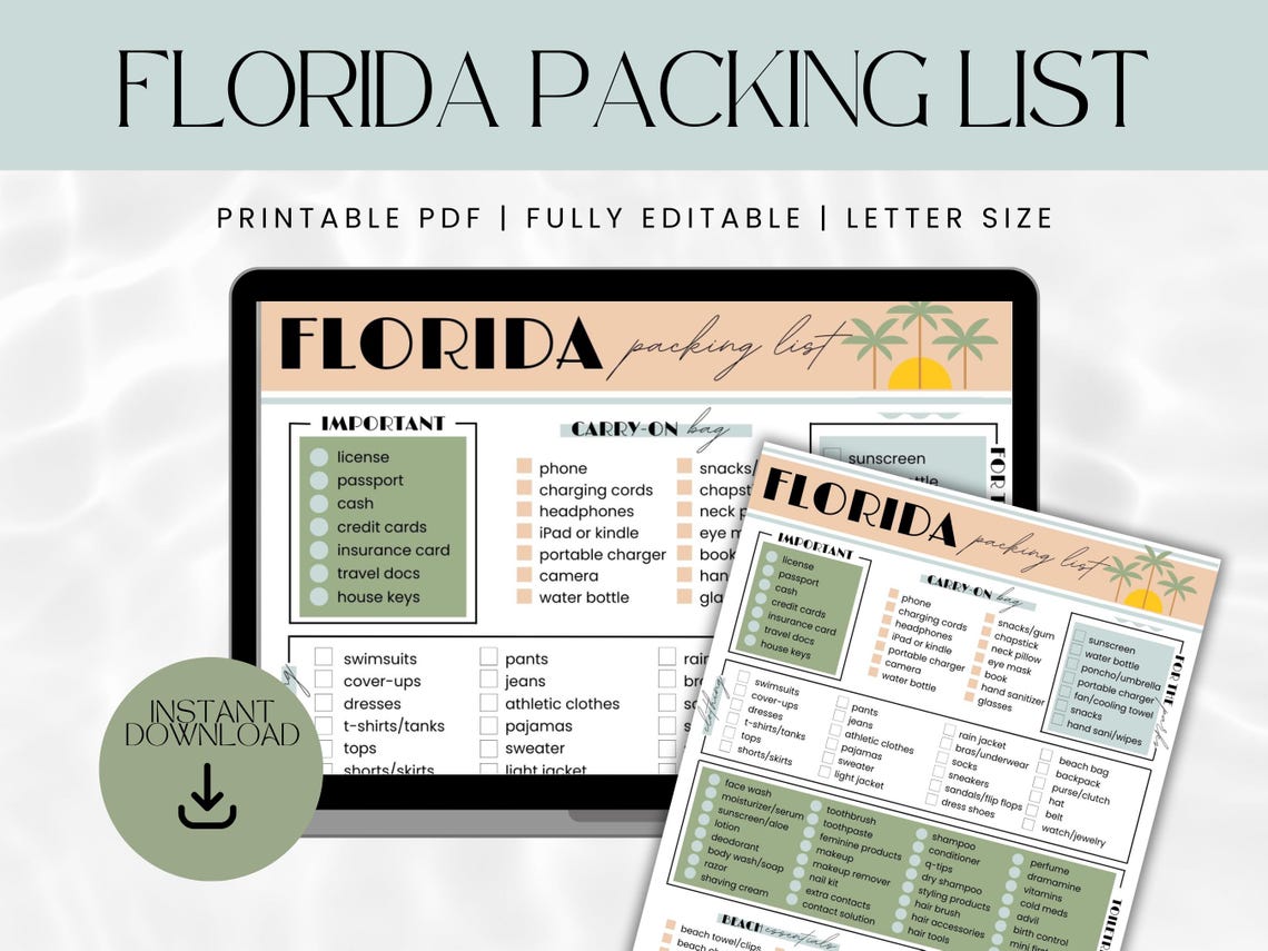 Florida Packing List: Editable Travel Checklist (PDF Printable) - Etsy