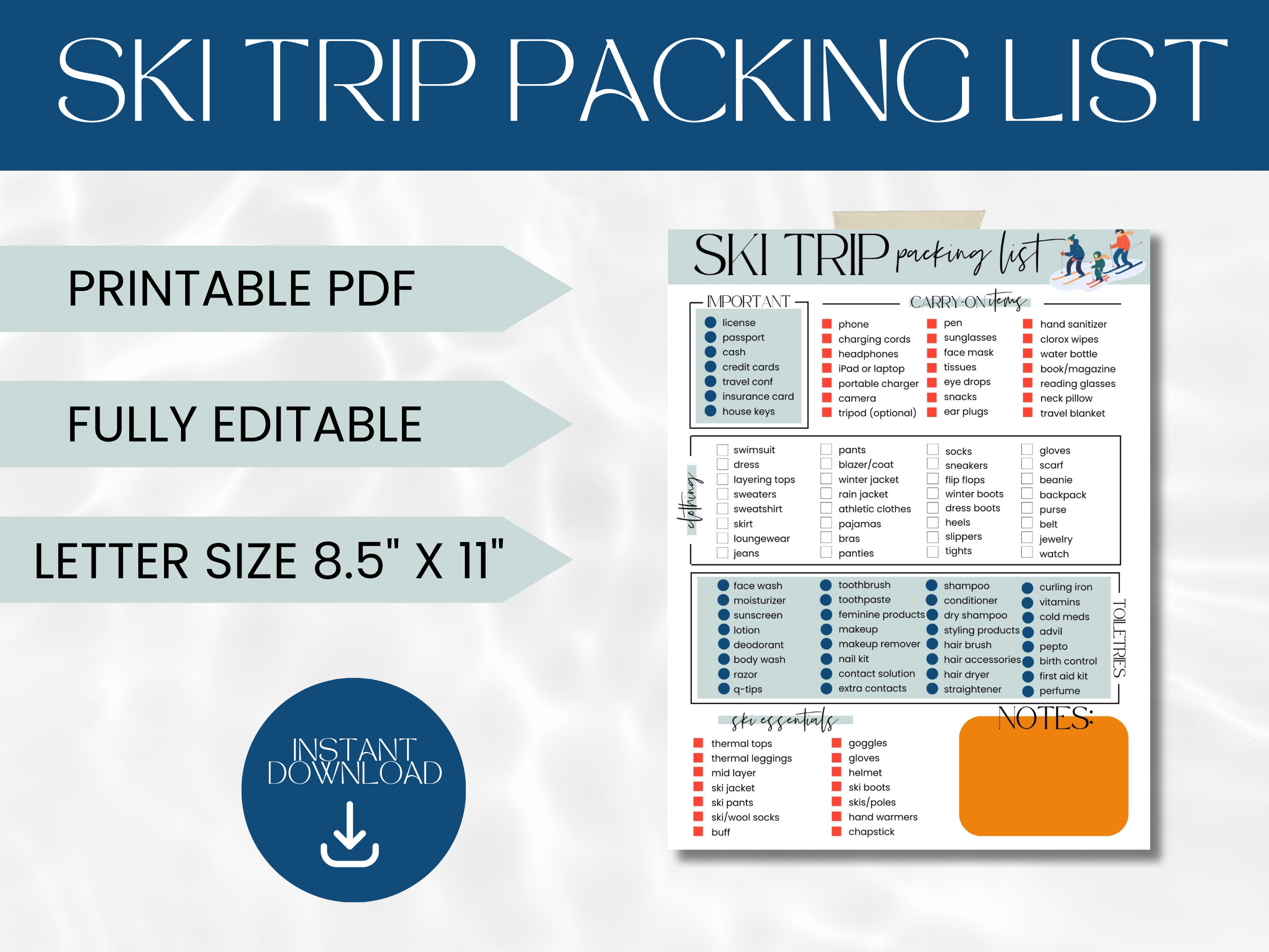 Editable Skiing Packing List Winter Packing Checklist Winter Travel ...