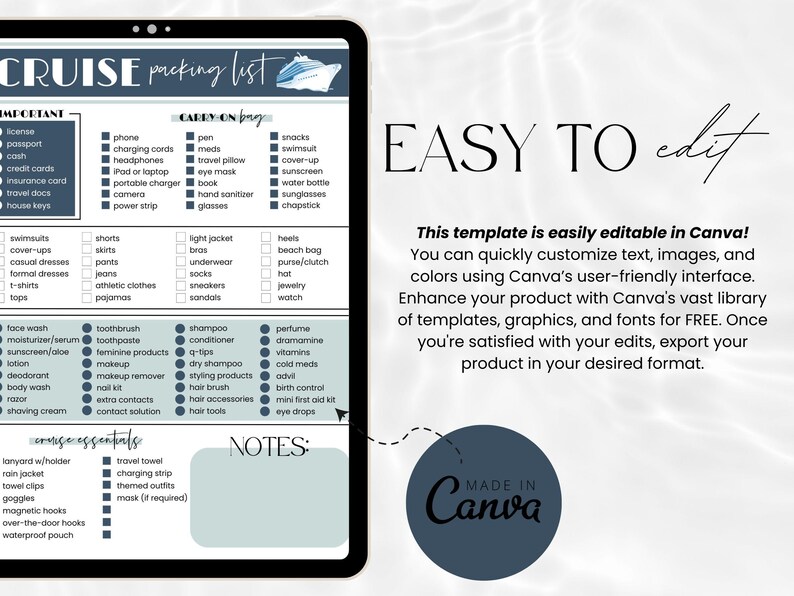 Printable Cruise Packing List: Editable Travel Checklist (PDF Printable ...