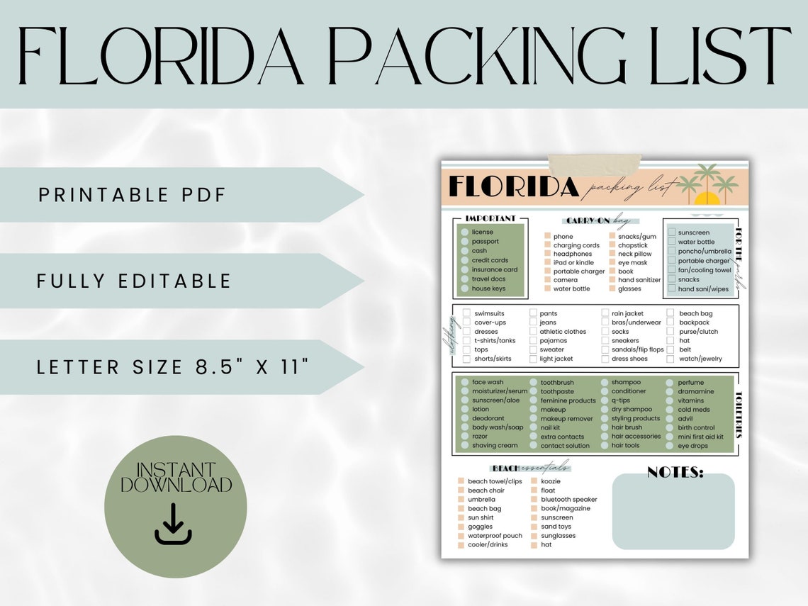 Florida Packing List PDF Printable Florida Travel Checklist Editable ...