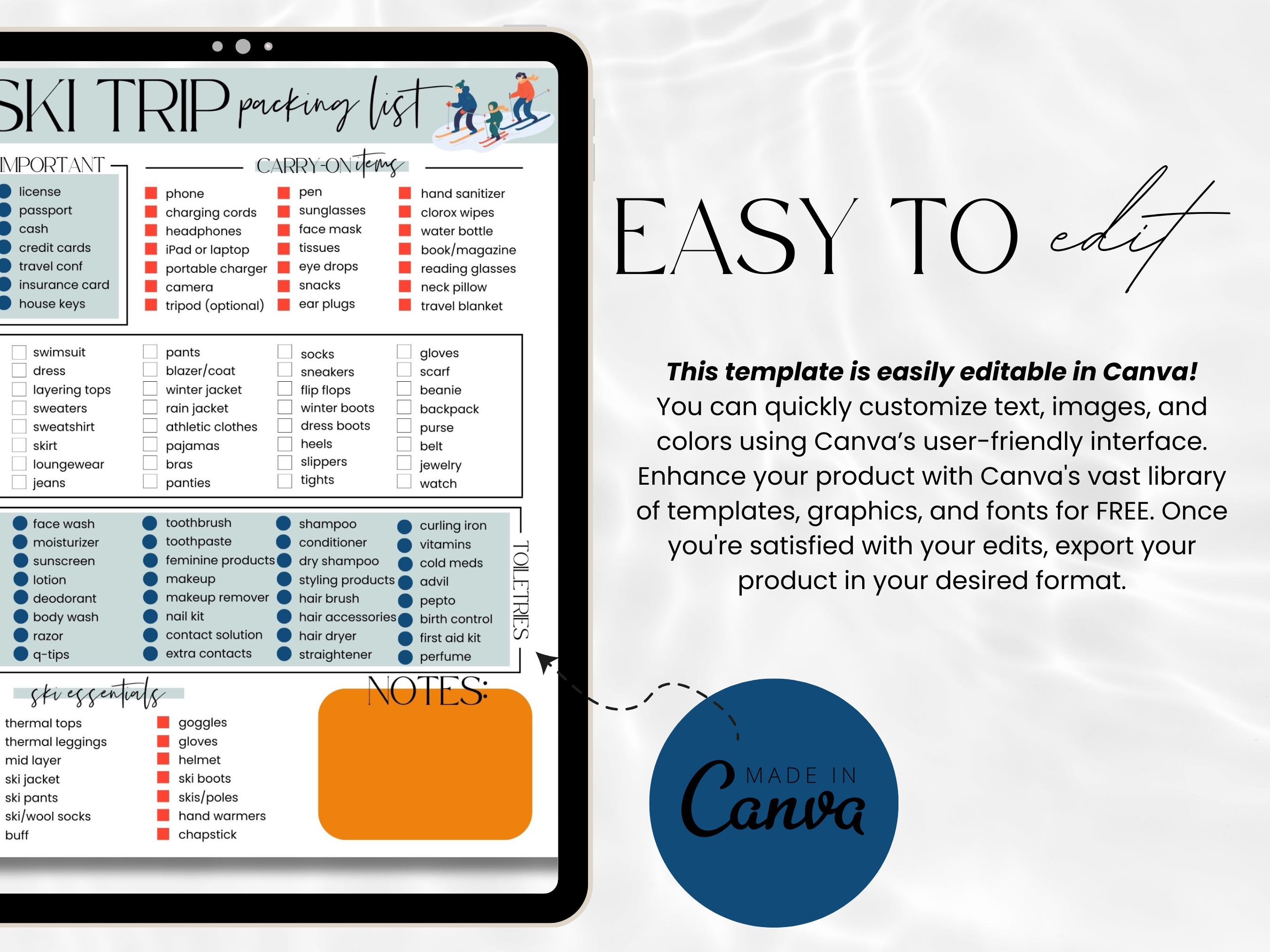 Editable Skiing Packing Checklist | Ski Trip Packing List PDF | Winter ...