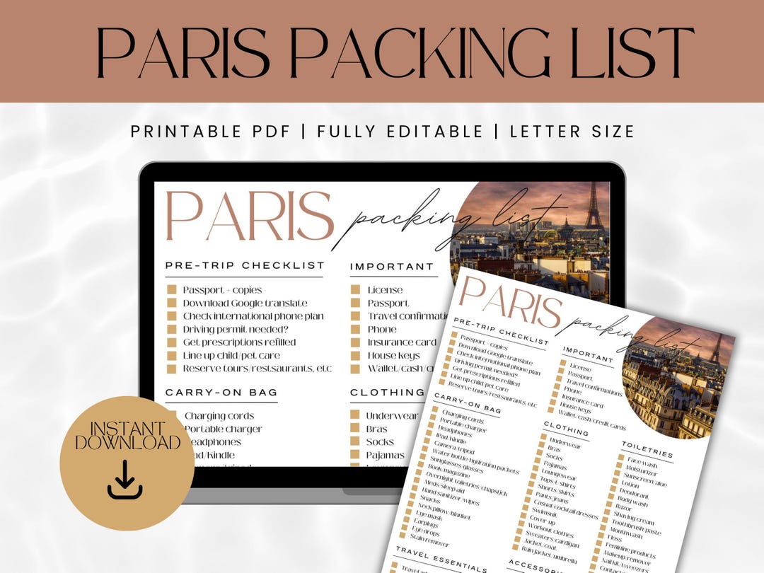 Paris Travel Packing List: Editable International Checklist (PDF ...