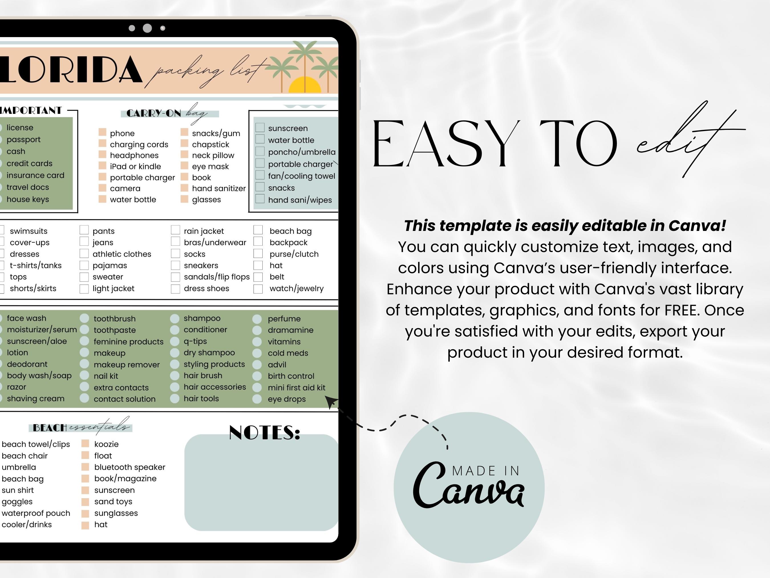 Florida Packing List PDF Printable | Florida Travel Checklist ...