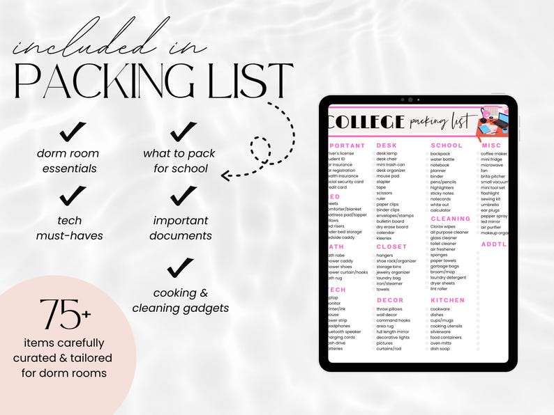 Dorm Packing List Template: Editable College Checklist (PDF Printable ...