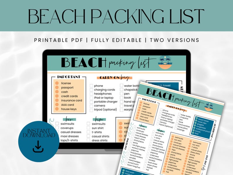 Beach Packing List Template | Packing Checklist | Travel Packing List ...