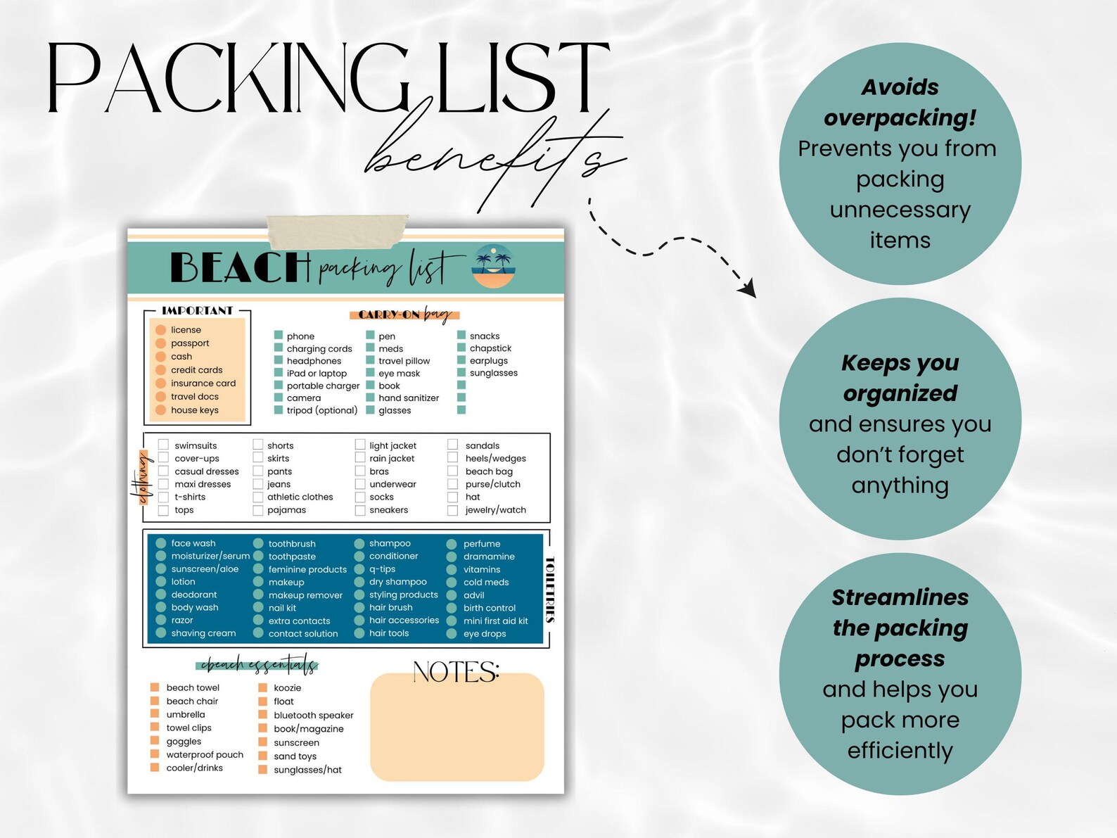 Beach Packing List Template: Editable Travel Checklist (PDF Printable ...