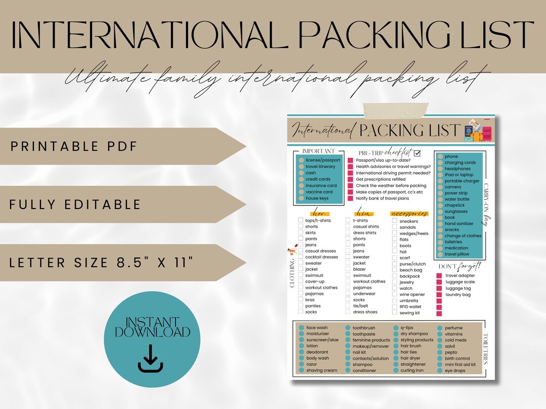 Family International Travel Packing List Template Europe Packing List ...