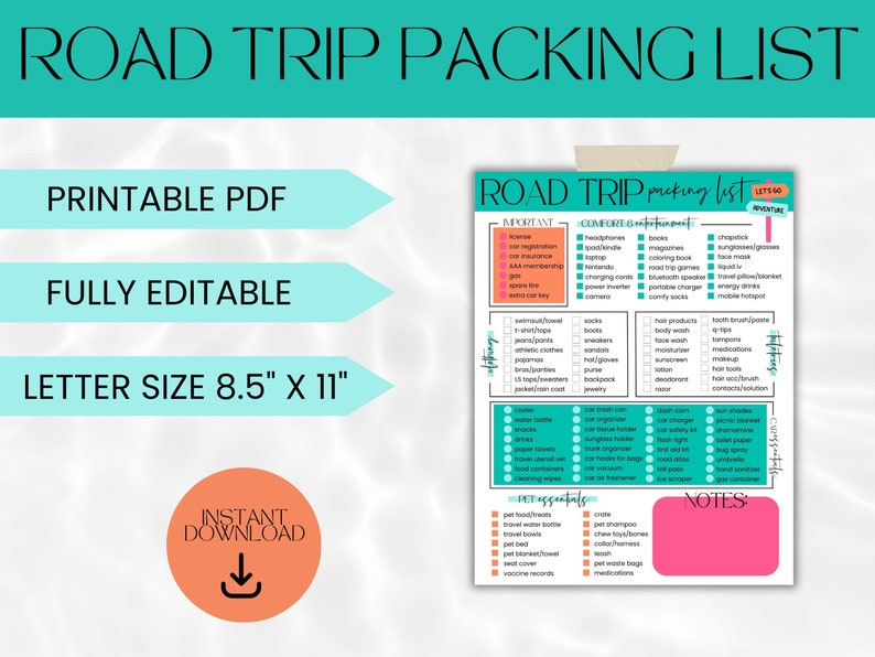 Road Trip Packing Checklist Road Trip Essentials Packing List Vacation ...