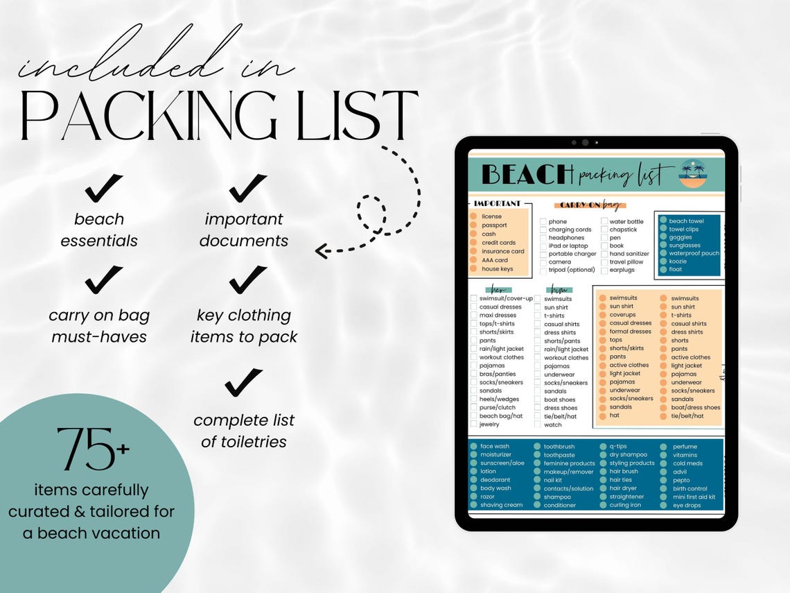 Beach Packing List Template: Editable Travel Checklist (PDF Printable ...
