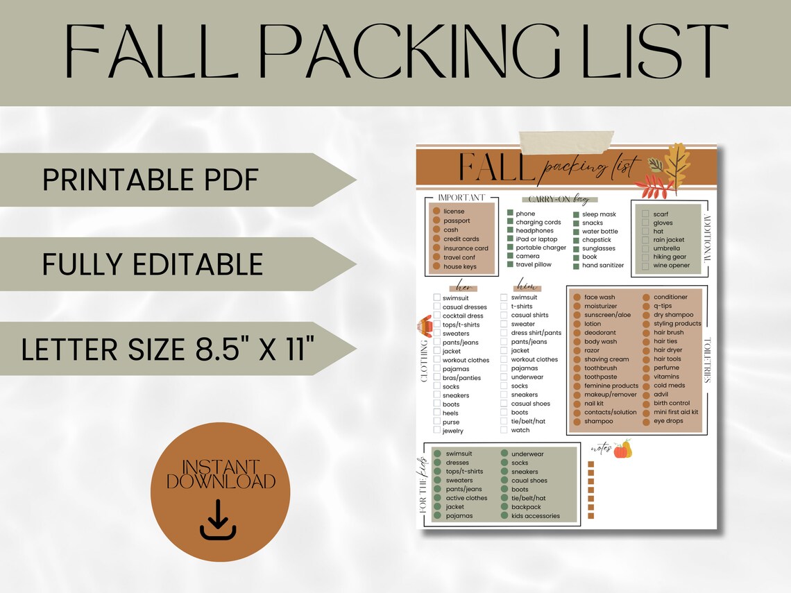 Family Fall Packing List Template | Fall Travel Packing List PDF ...