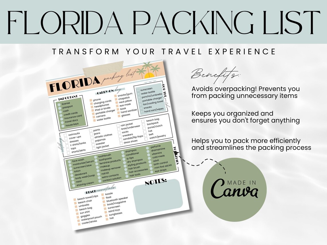 Florida Packing List PDF Printable Florida Travel Checklist Editable ...