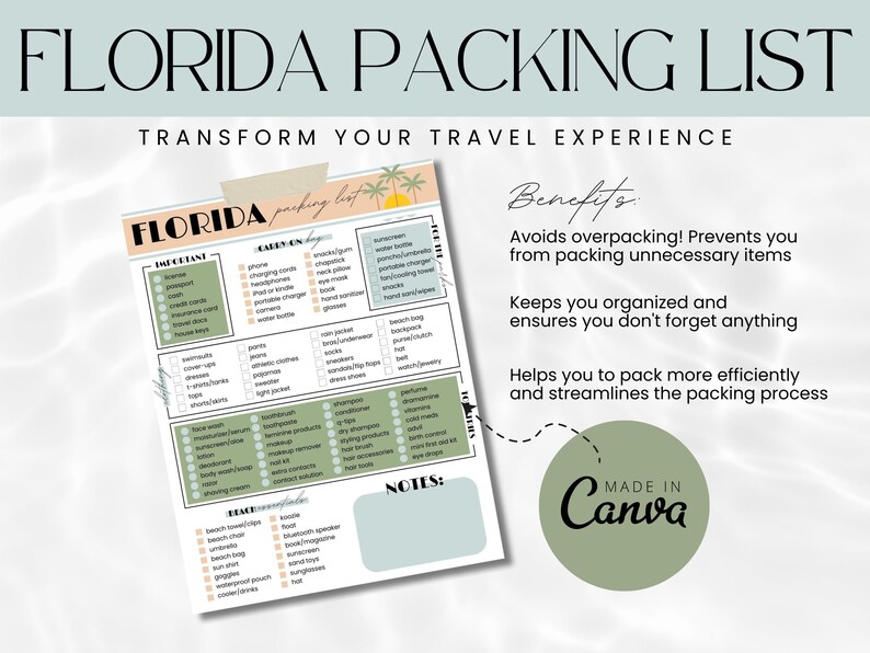 Florida Packing List PDF Printable Florida Travel Checklist Editable ...