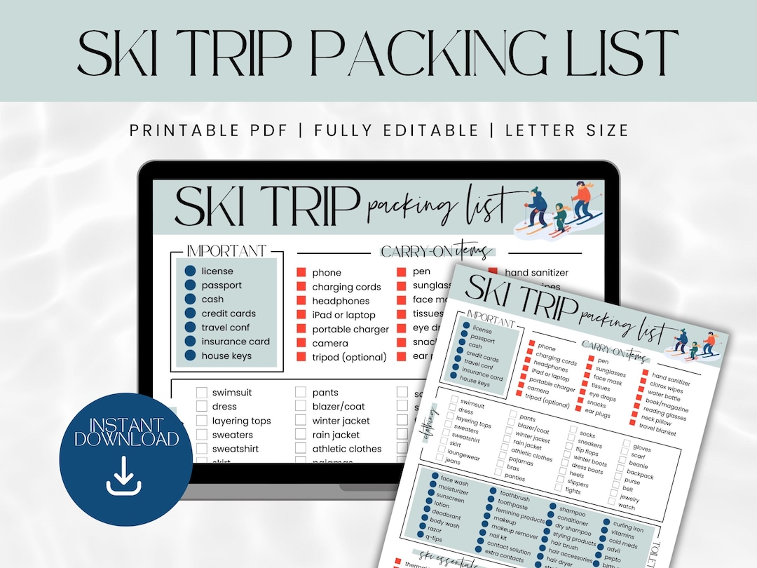 Editable Skiing Packing Checklist | Ski Trip Packing List PDF | Winter ...