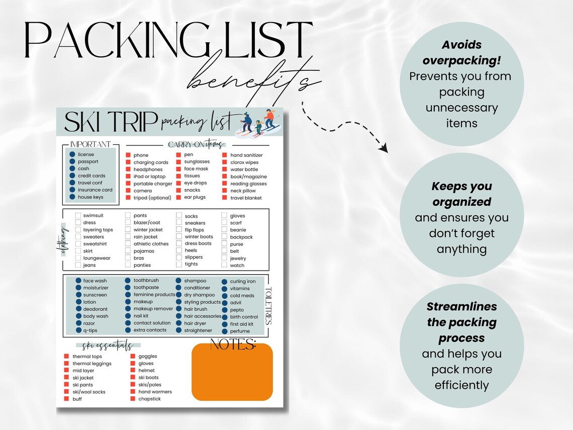 Editable Skiing Packing Checklist | Ski Trip Packing List PDF | Winter ...