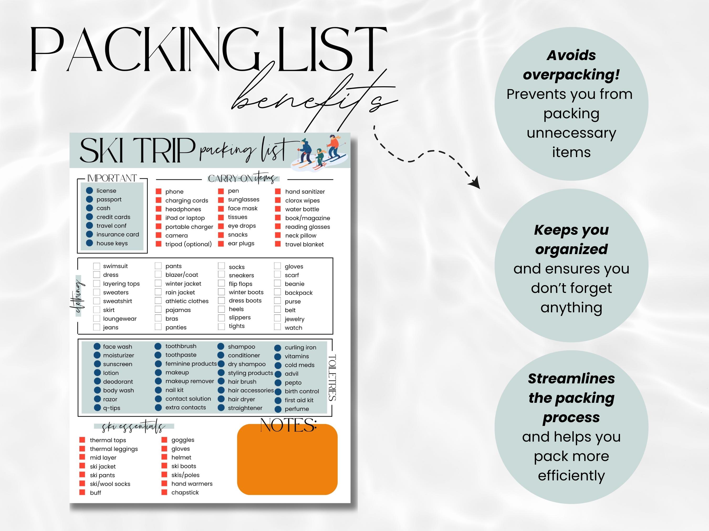 Editable Skiing Packing Checklist | Ski Trip Packing List PDF | Winter ...