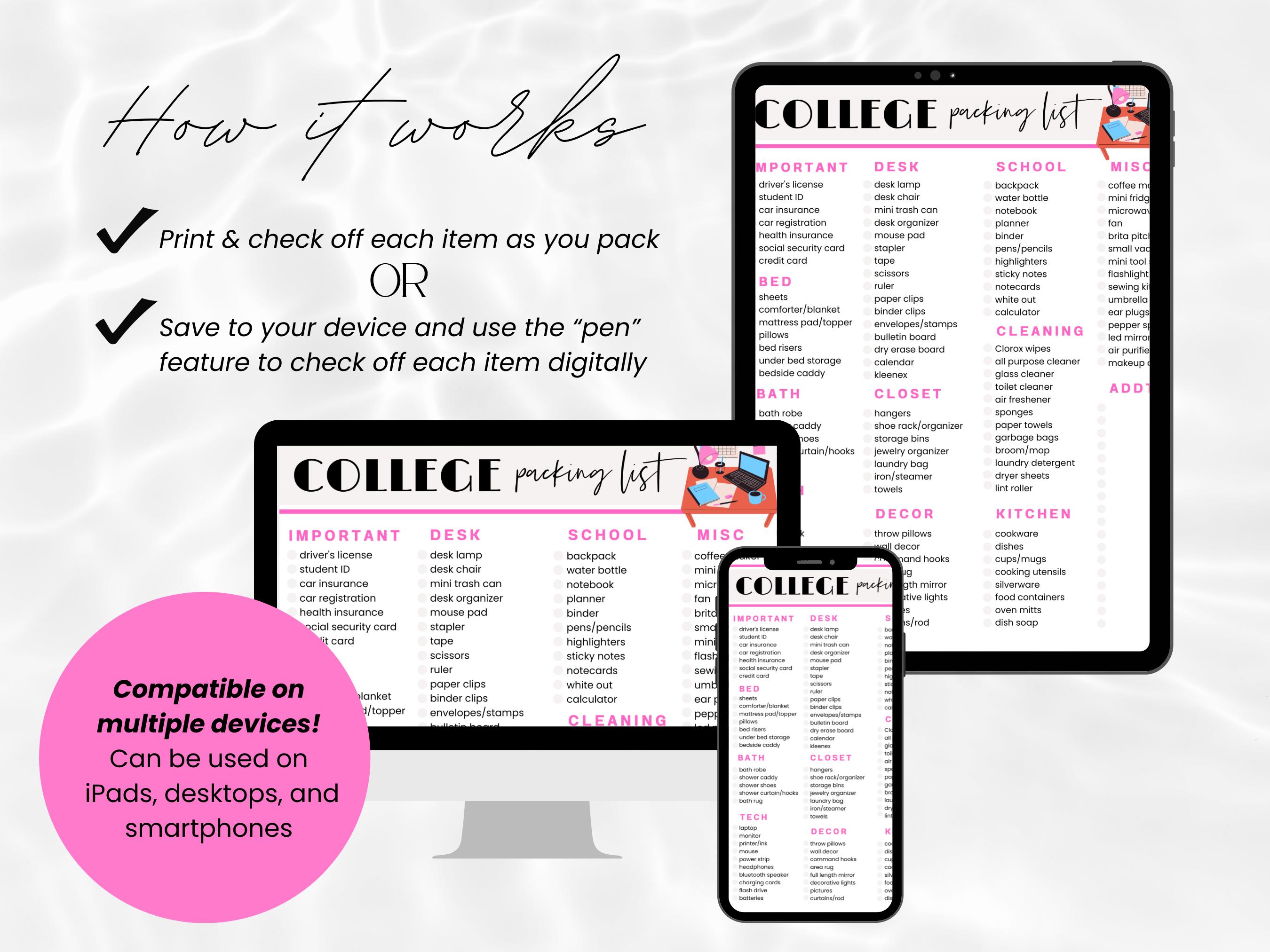 Dorm Packing List Template: Editable College Checklist (PDF Printable ...