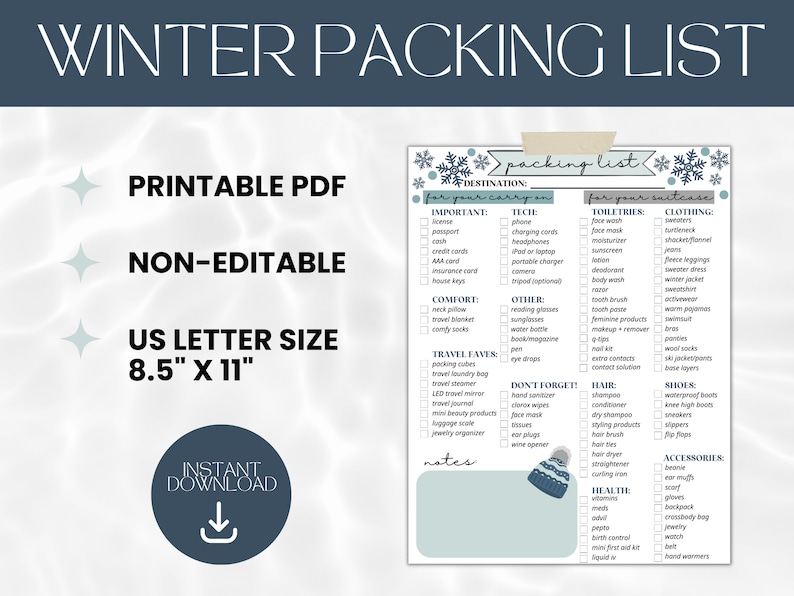 Winter Packing List Template Printable Packing List for - Etsy