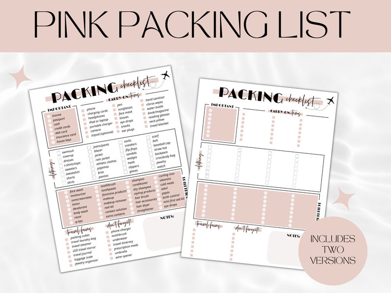 Pink Printable Packing List PDF Pink Travel Packing List Template ...