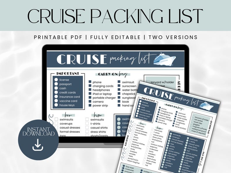 Printable Cruise Packing List: Editable Travel Checklist (PDF Printable ...