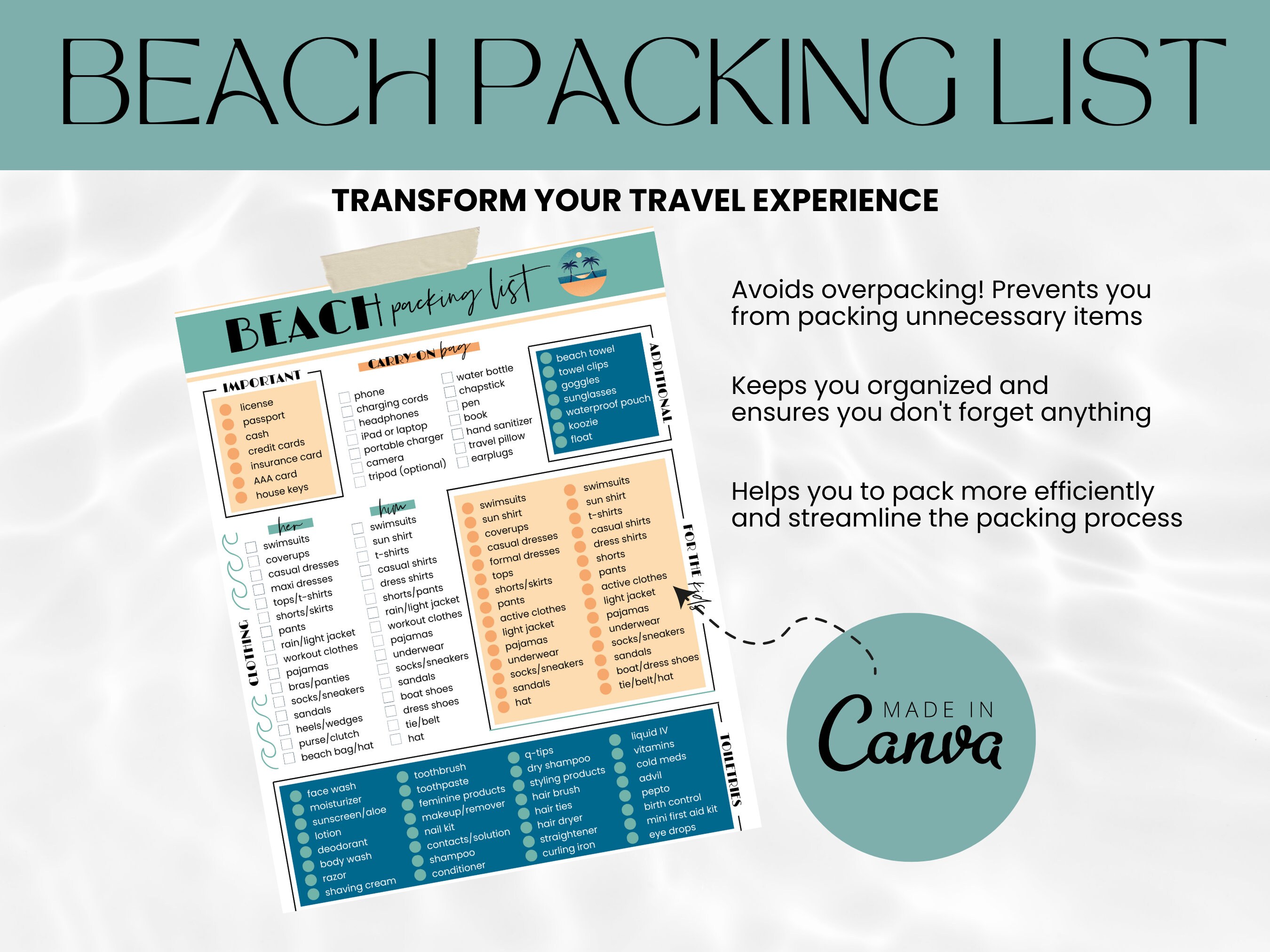 Beach Vacation Packing List Template Printable Packing List for Beach ...