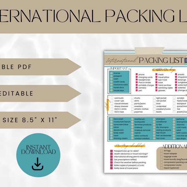Travel Packing Checklist for International Trip - Etsy