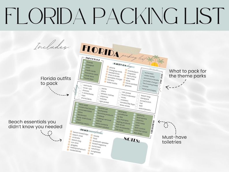 Florida Packing List PDF Printable Florida Travel Checklist Editable ...
