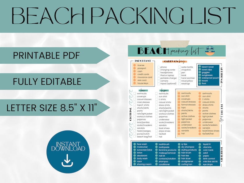 Beach Packing List Template Packing Checklist Travel Packing List PDF ...