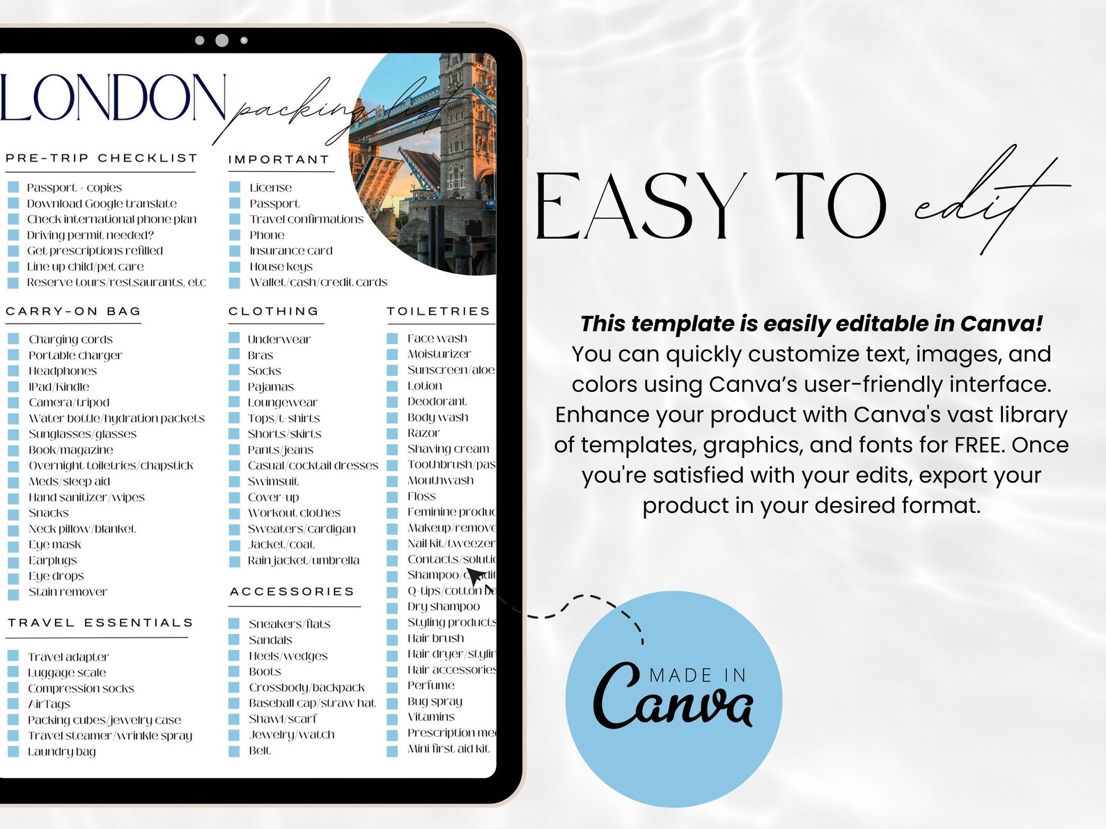 London Packing List PDF: Editable Travel Checklist Template (PDF ...
