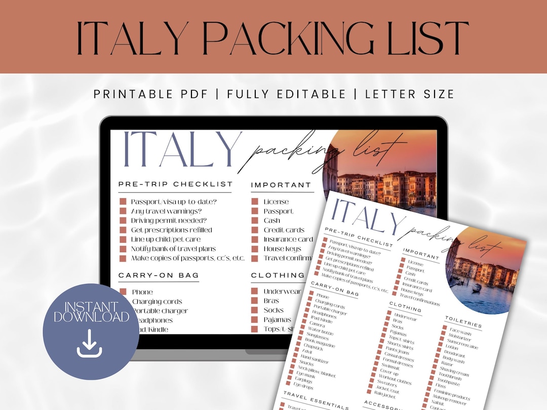 Italy Packing List Template: Europe Travel Checklist (PDF Printable ...