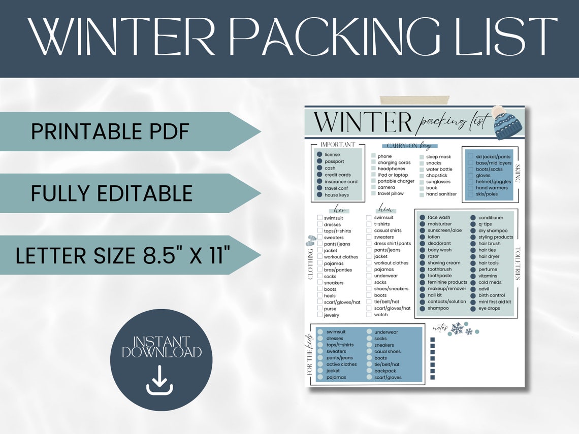 Family Winter Packing List Template Printable Packing List for Winter ...