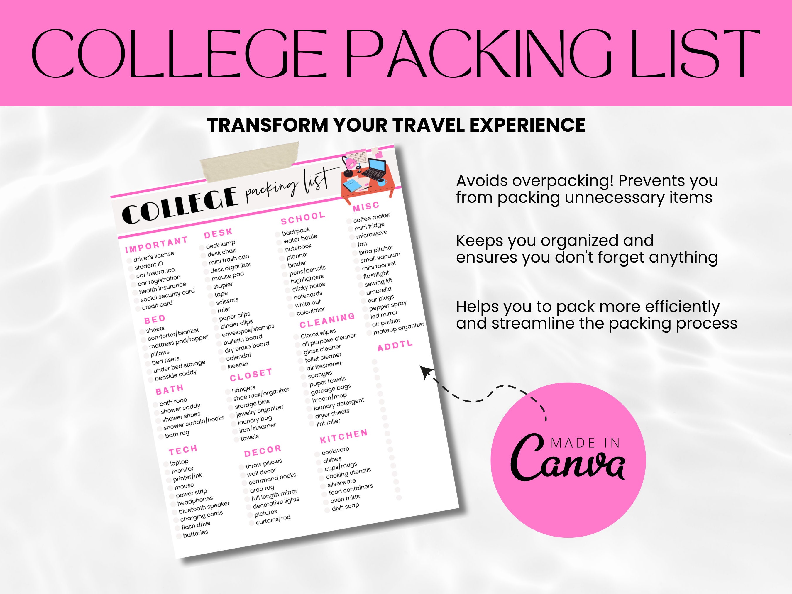Dorm Packing List Template Printable Packing List for Dorm College Dorm ...