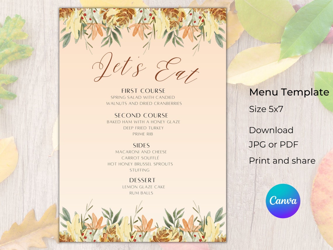 Fall Dinner Menu Menu Printable Thanksgiving Menu Template - Etsy