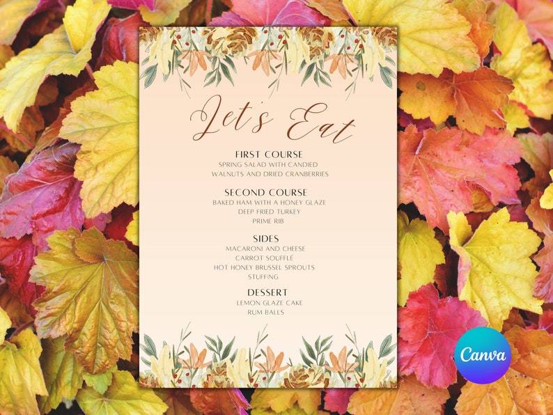 Fall Dinner Menu Menu Printable Thanksgiving Menu Template - Etsy