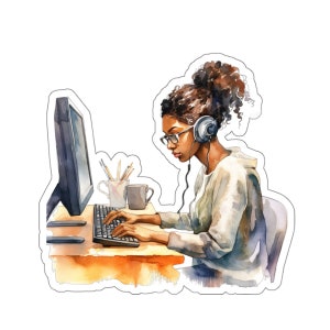 Black Girl Working With Glasses and Laptop Sticker/cute Sticker/black ...