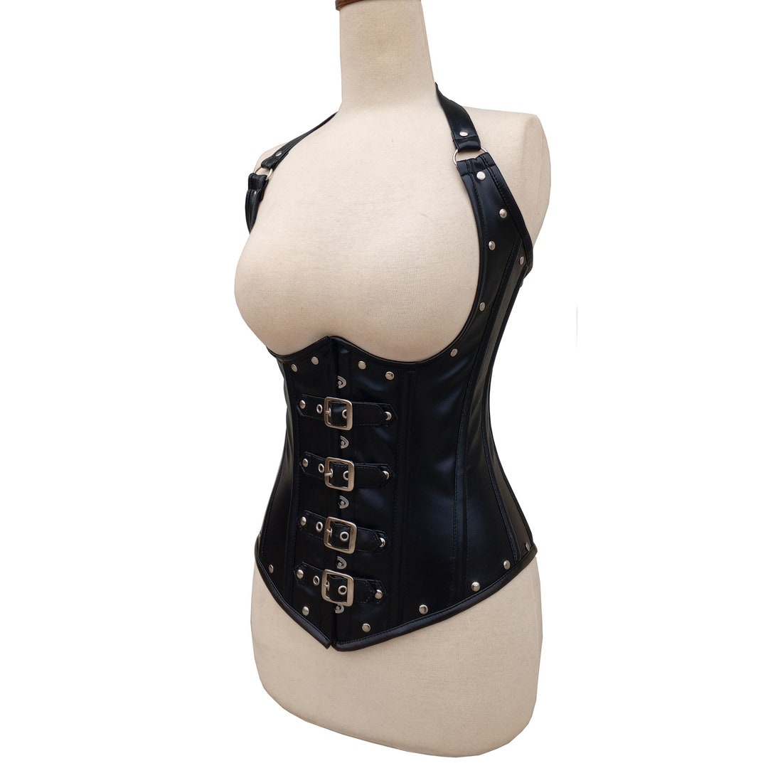 Halter Neck Hourglass Underbust Steampunk Costume Steel Boned Body Shaper Gothic Leather Corset ...