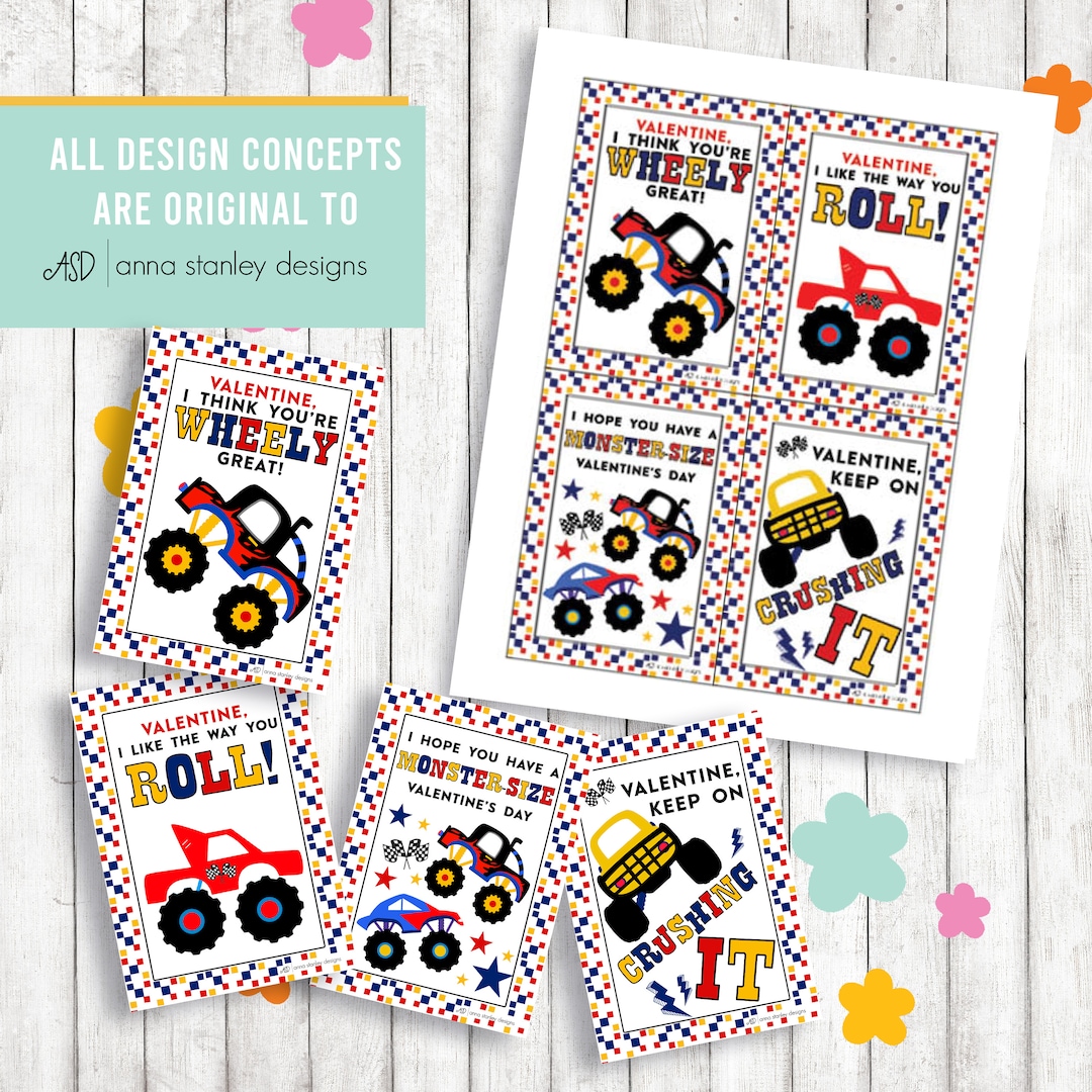 Monster Truck Valentine's Day Cards | Boy Printable (PDF) - Etsy