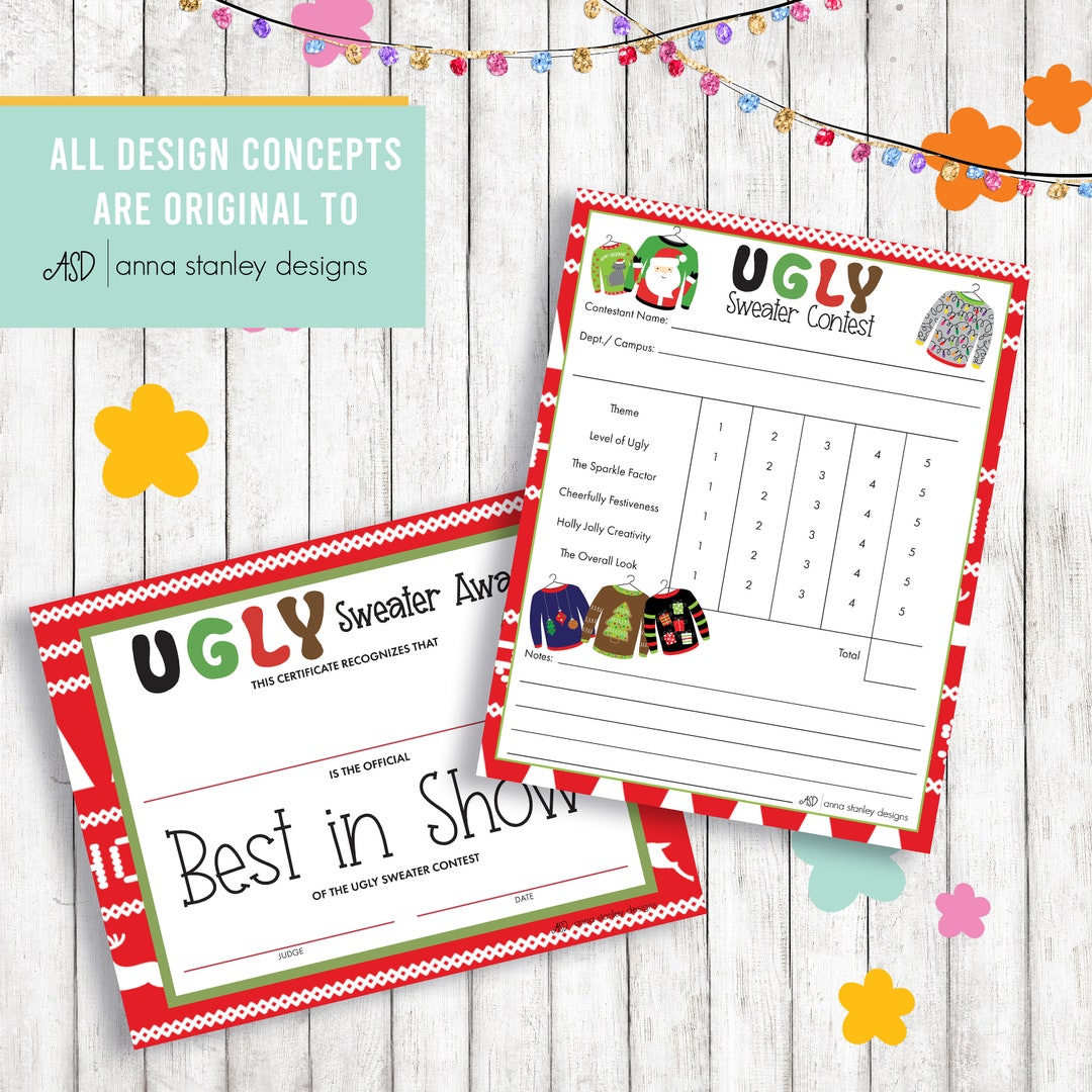 Ugly Sweater Contest Score Card & Awards | Printable Holiday Party Game ...