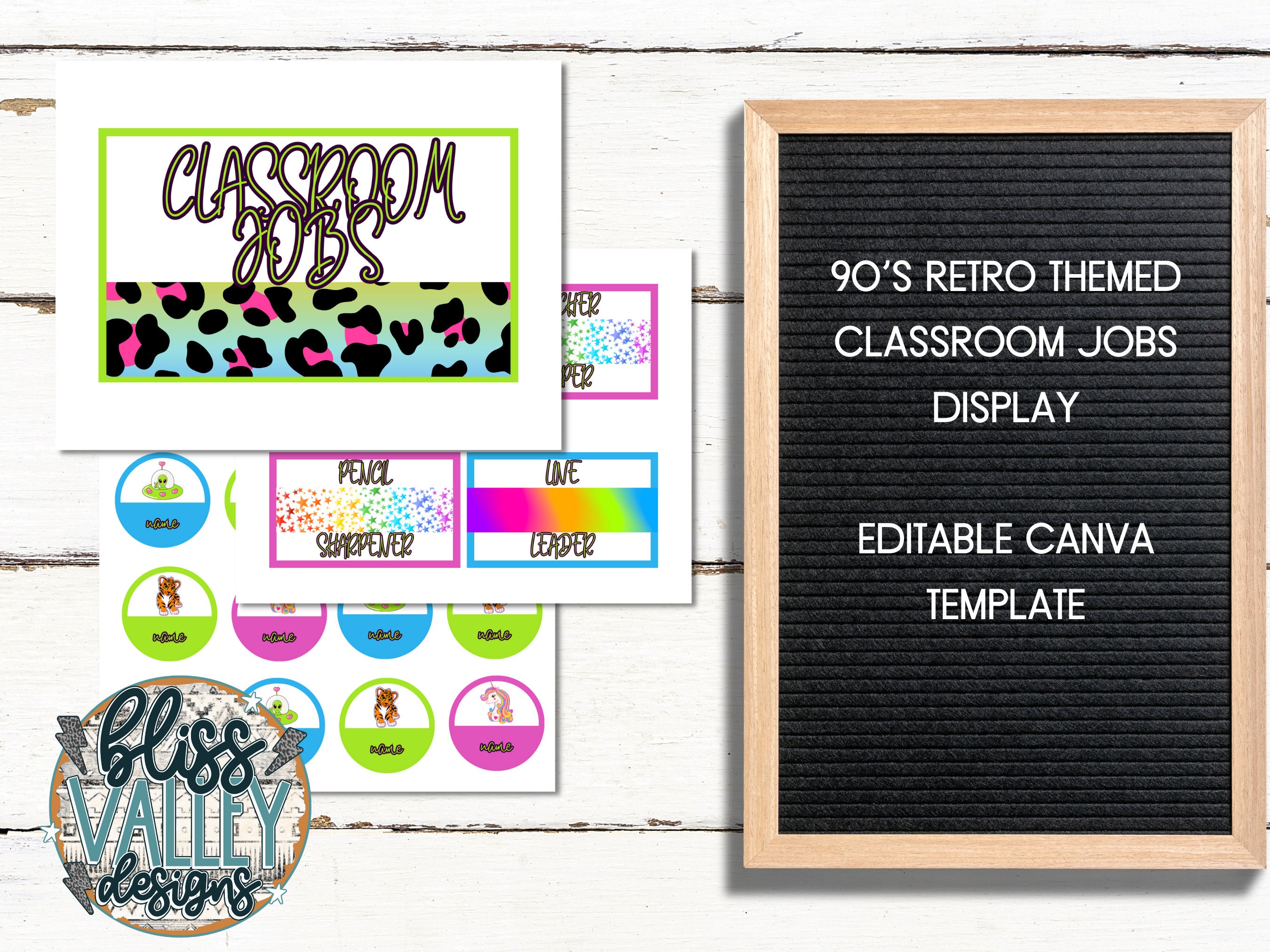Editable 90's Retro Classroom Jobs Display: Canva Template (digital ...