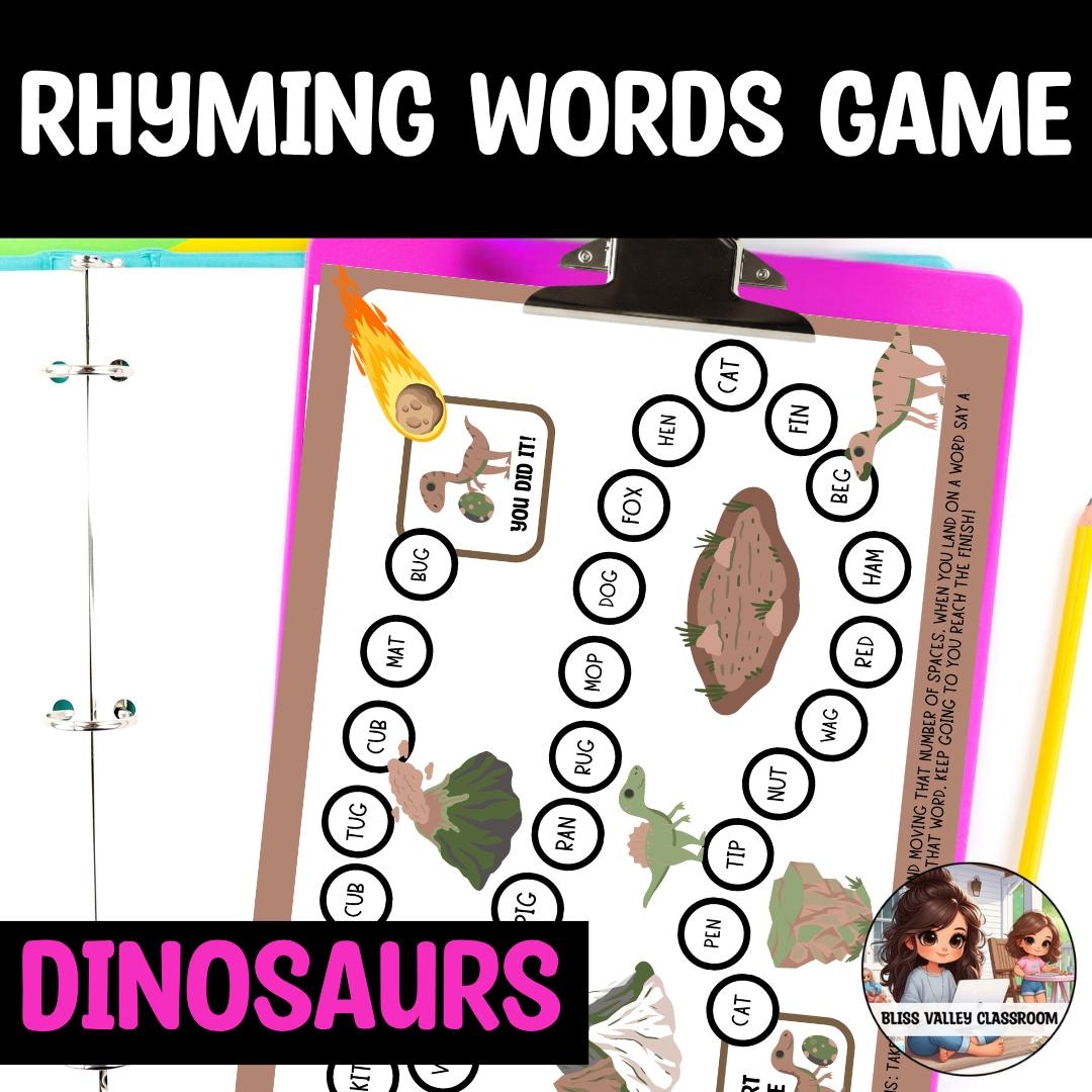 Dinosaur Rhyming Words Game | Preschool Literacy Center | Kindergarten ...