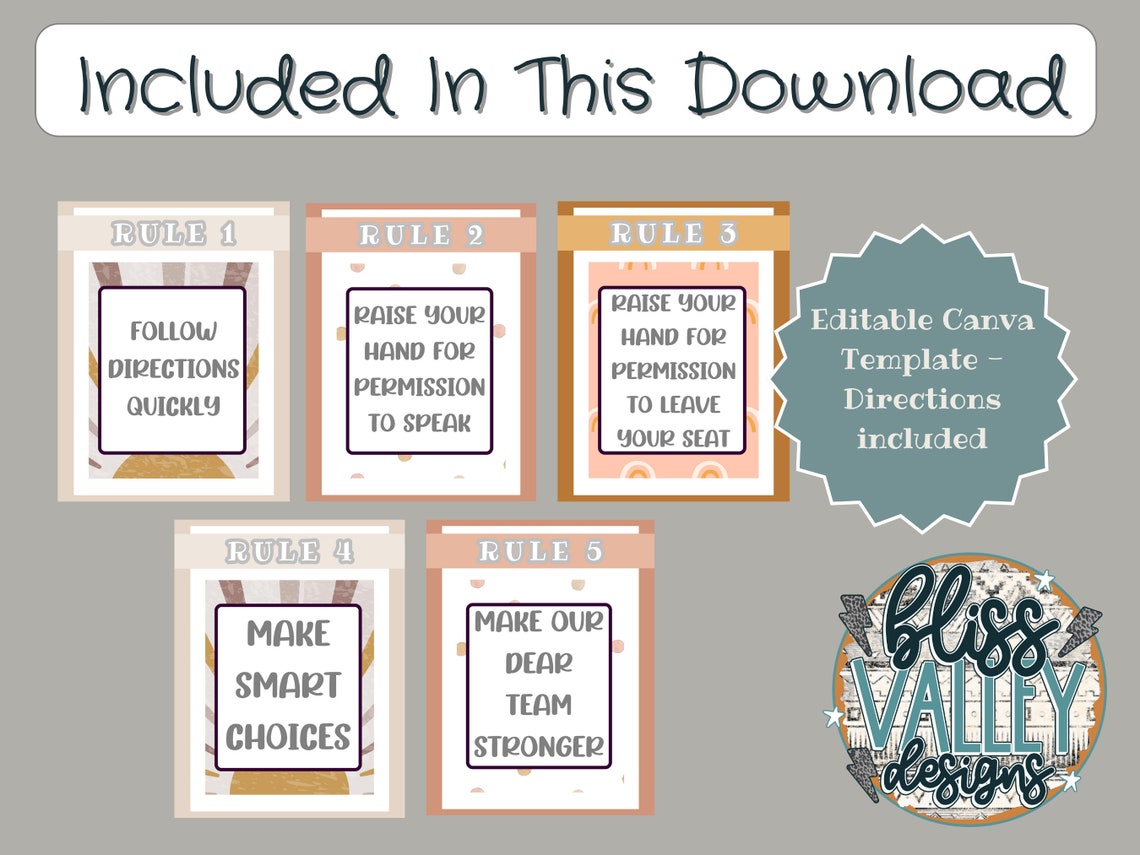 Editable Boho Printable Classroom Rules Template | Teacher Resources ...