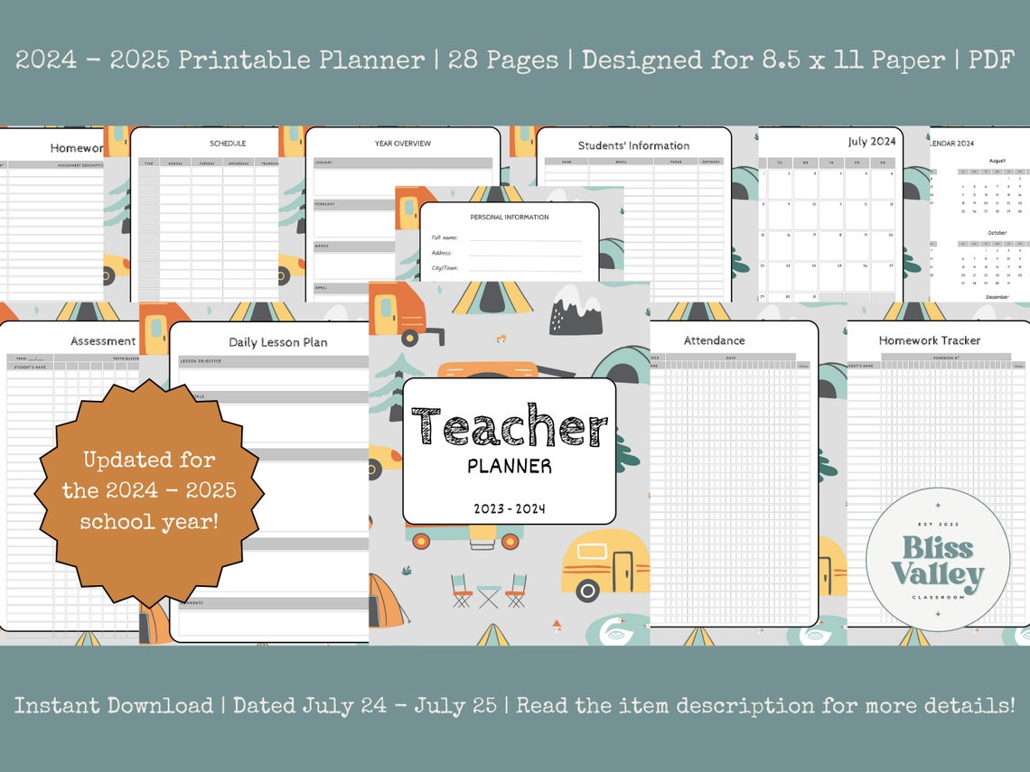 Camp Theme Printable Teacher Planner 2024-2025 Summer School Back to ...